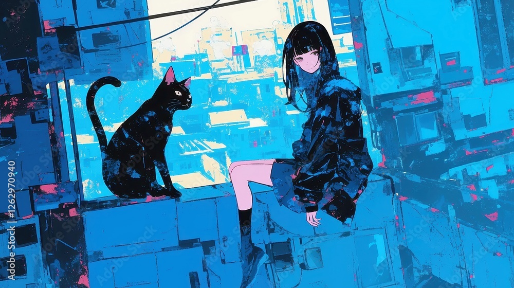 Neon City Cat, a vibrant anime illustration featuring a black cat with ...