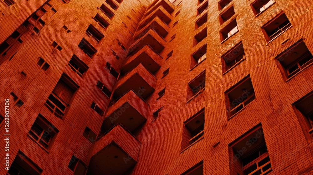Orange brick apartment building, low angle view, urban background ...
