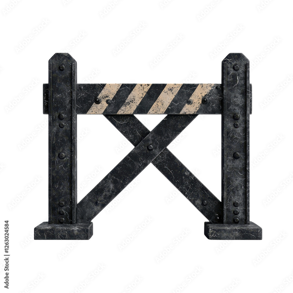 Black and yellow striped barrier gate with a weathered texture and ...