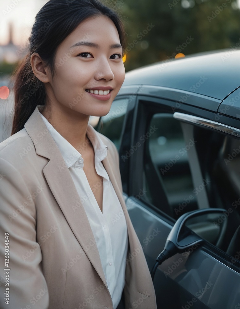 Modern electric vehicle charging station with sleek sedan parked Asian ...