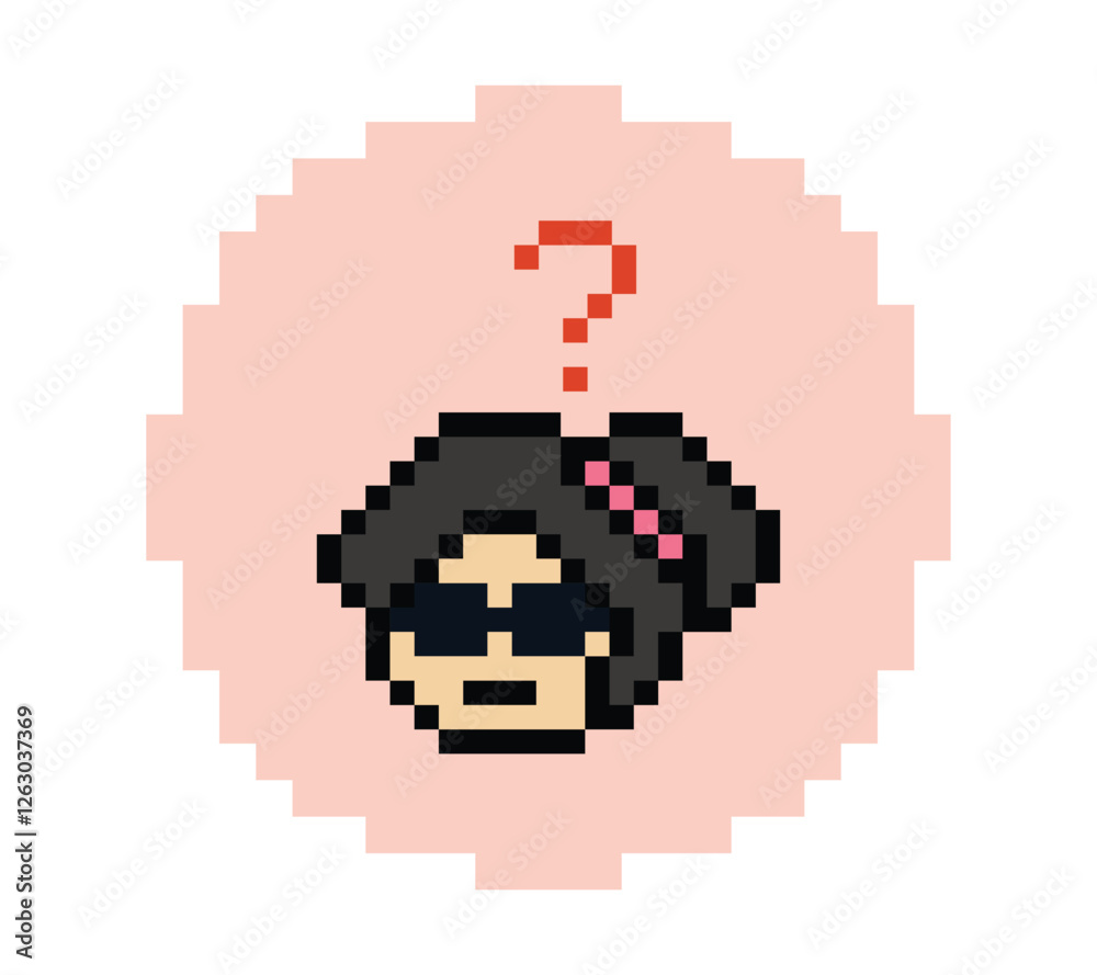 Cute pixel cartoon character woman with question mark decoration 8 bit ...