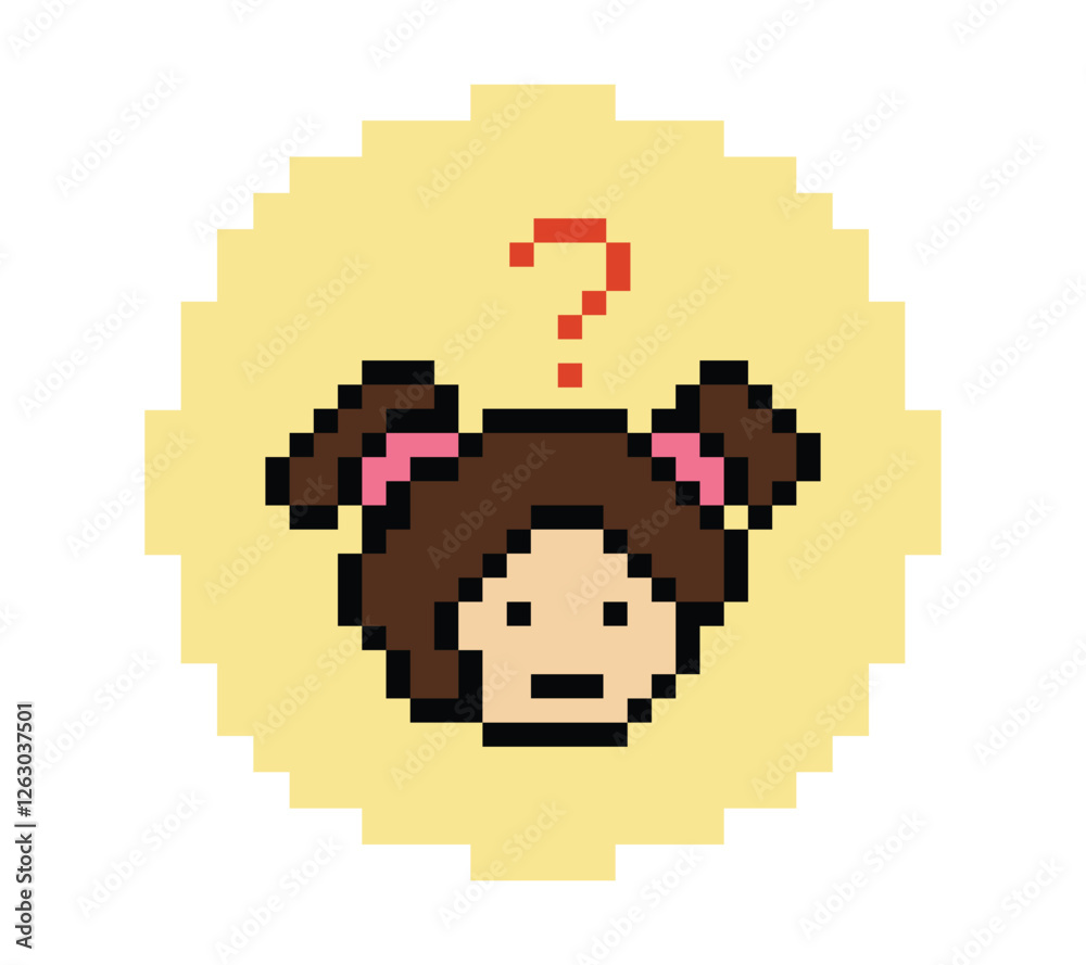 Cute pixel cartoon character woman with question mark decoration 8 bit ...