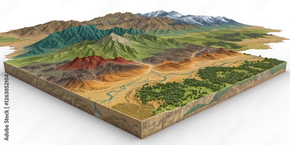 Cross-Section Landscape Diverse Terrain 3D Render, Mountains, River ...