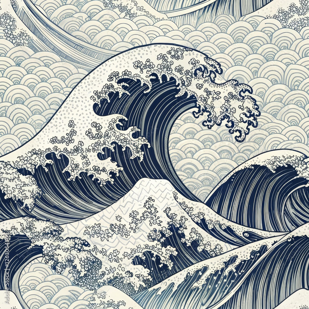 Sea Wave Pattern Blue and White Hokusai Inspired Design, Japanese Art ...
