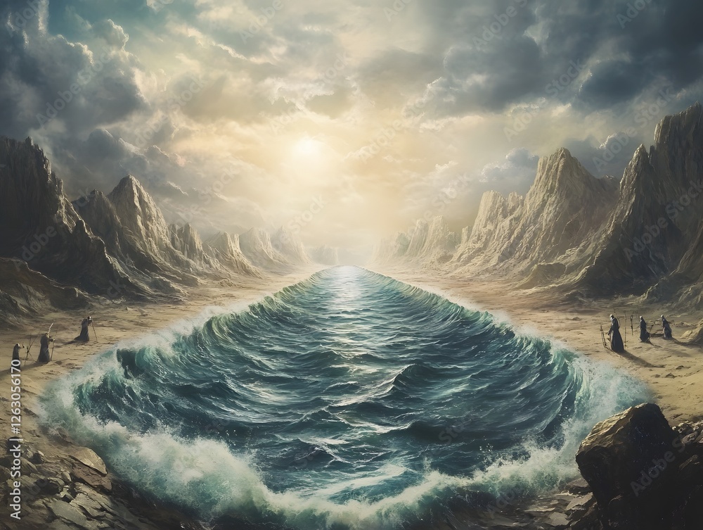 Ocean separate up to form canal. Bible miracle of Moses parting red sea ...