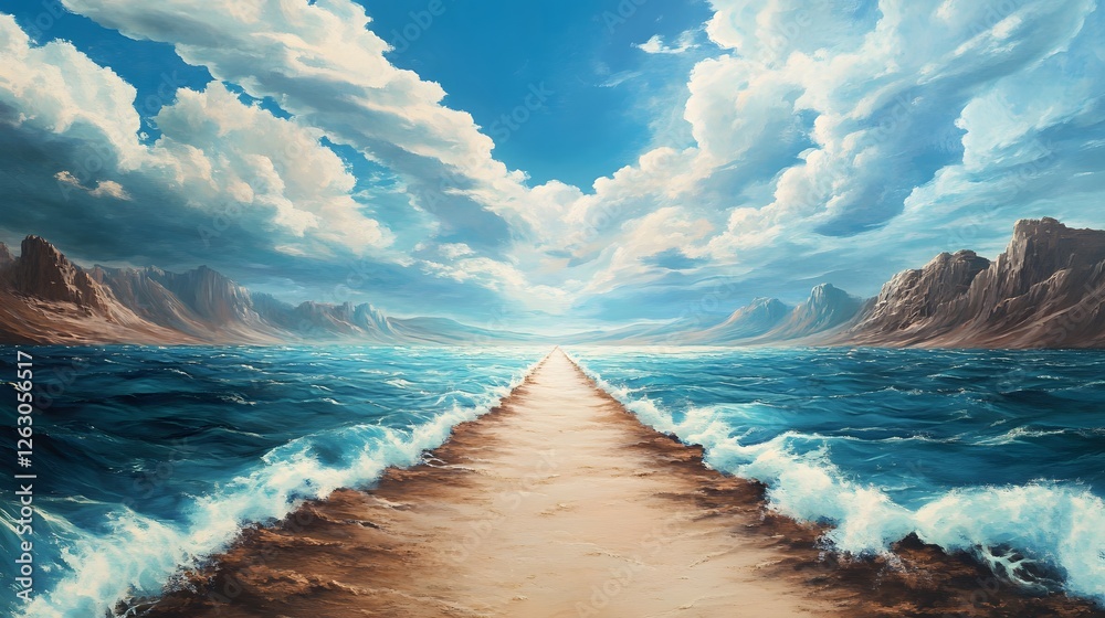 Ocean separate up to form canal. Bible miracle of Moses parting red sea ...