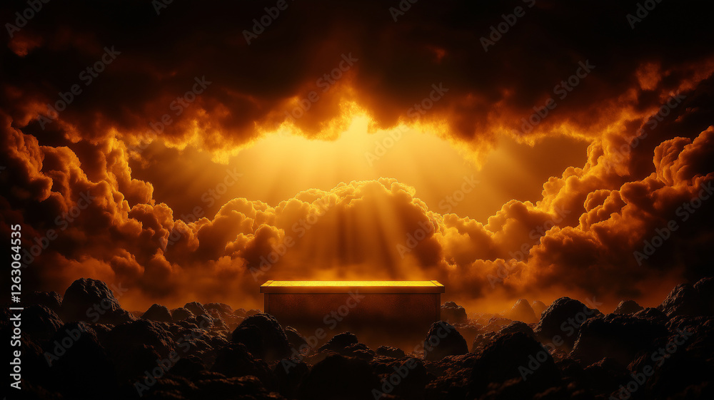 golden casket of Ark of Covenant is illuminated by radiant light ...