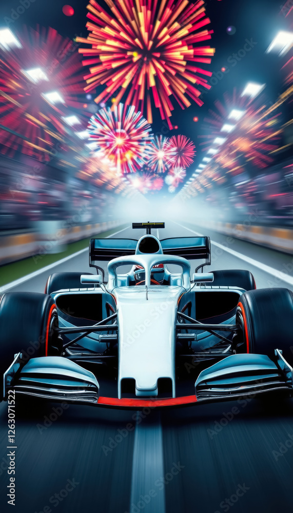 Formula 1 Grand Prix racing car at night with fireworks and motion blur ...