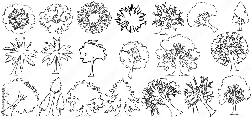 Top view and side view, set of graphics trees elements outline symbol for architecture and ...
