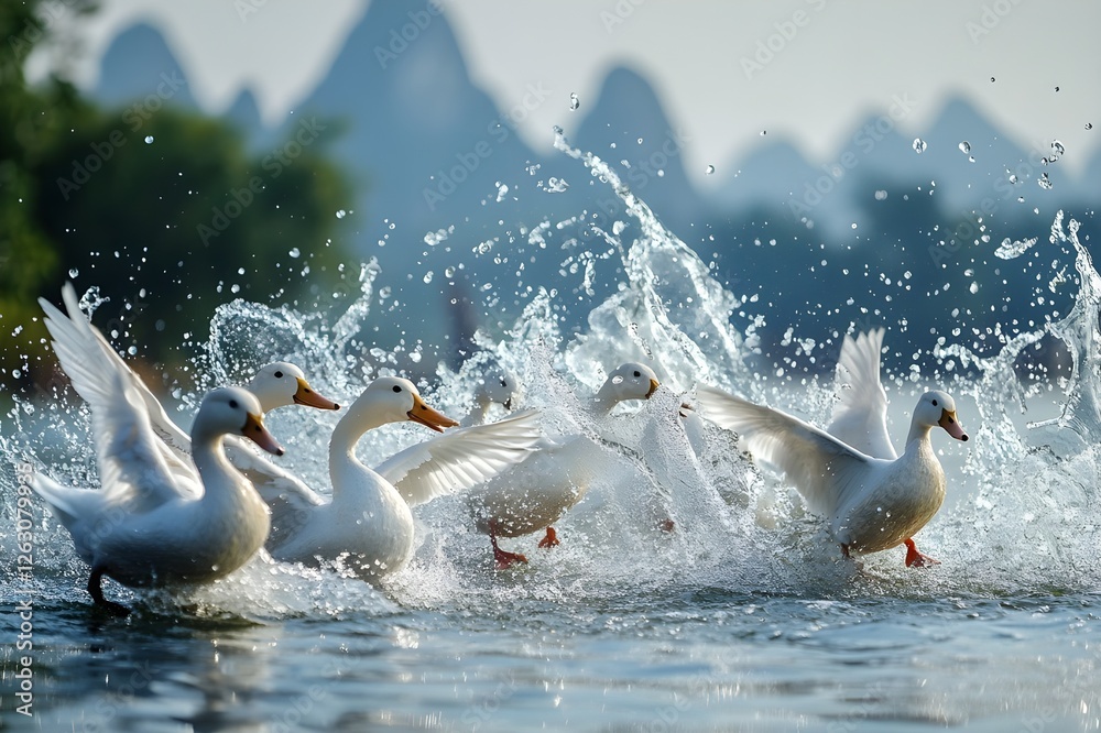 Chasing the surface of the lake with their beaks dipping into the water ...
