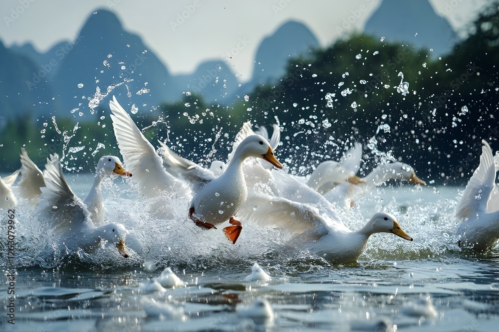 Chasing the surface of the lake with their beaks dipping into the water ...