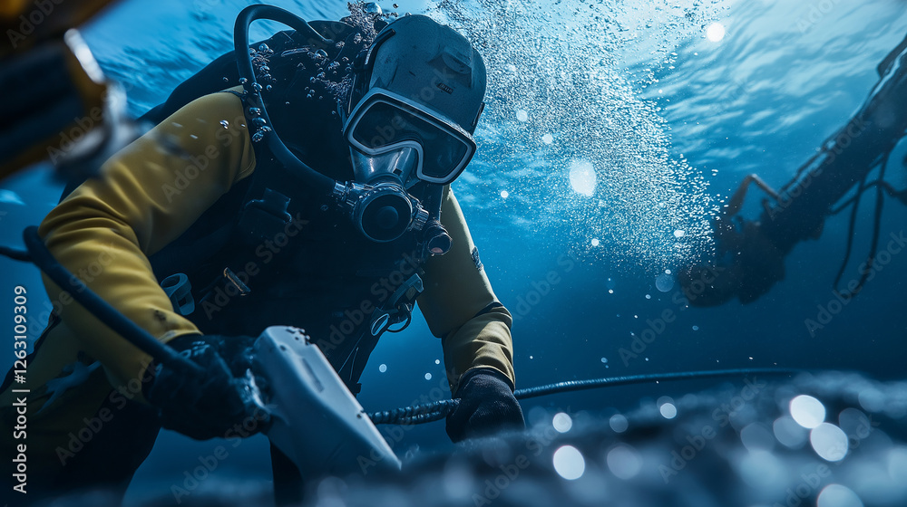 A commercial diver in a rugged wetsuit and diving helmet secures a ...