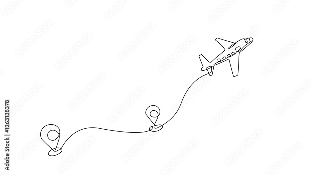 Continuous one-line drawing of an airplane in flight, follows a curved ...