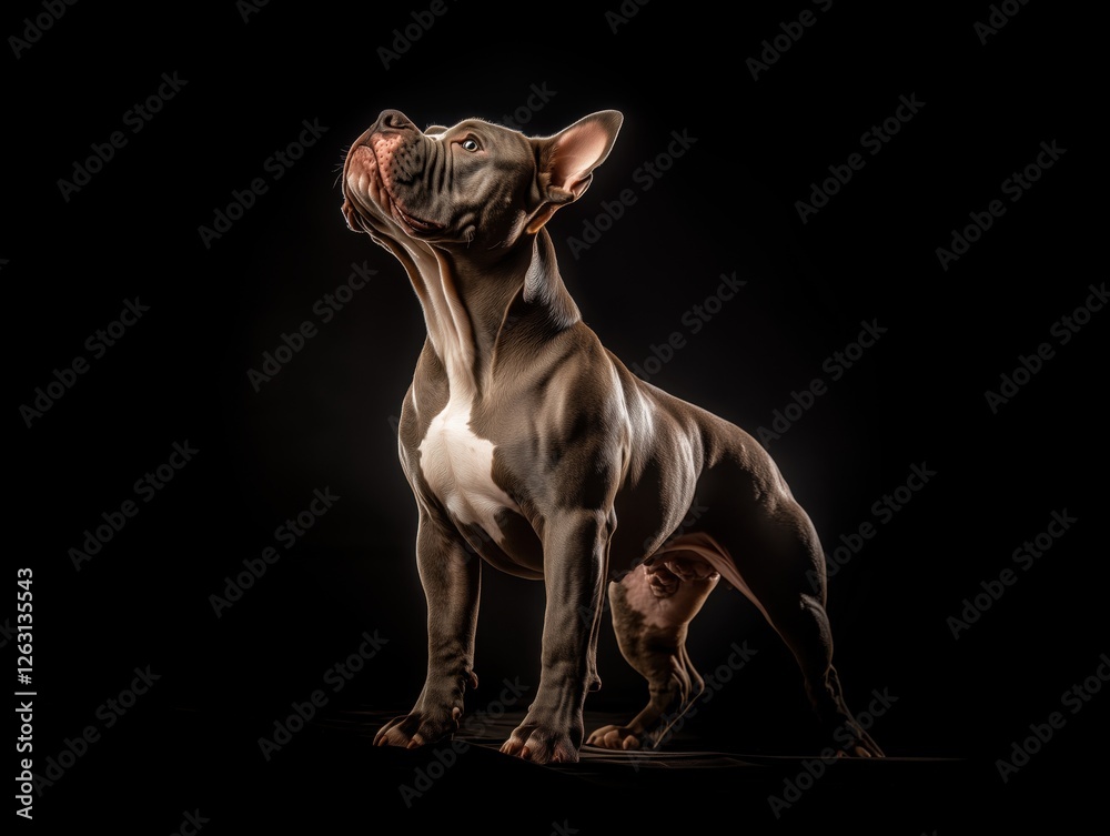 Muscular American Bully stands proud against a black background with ...