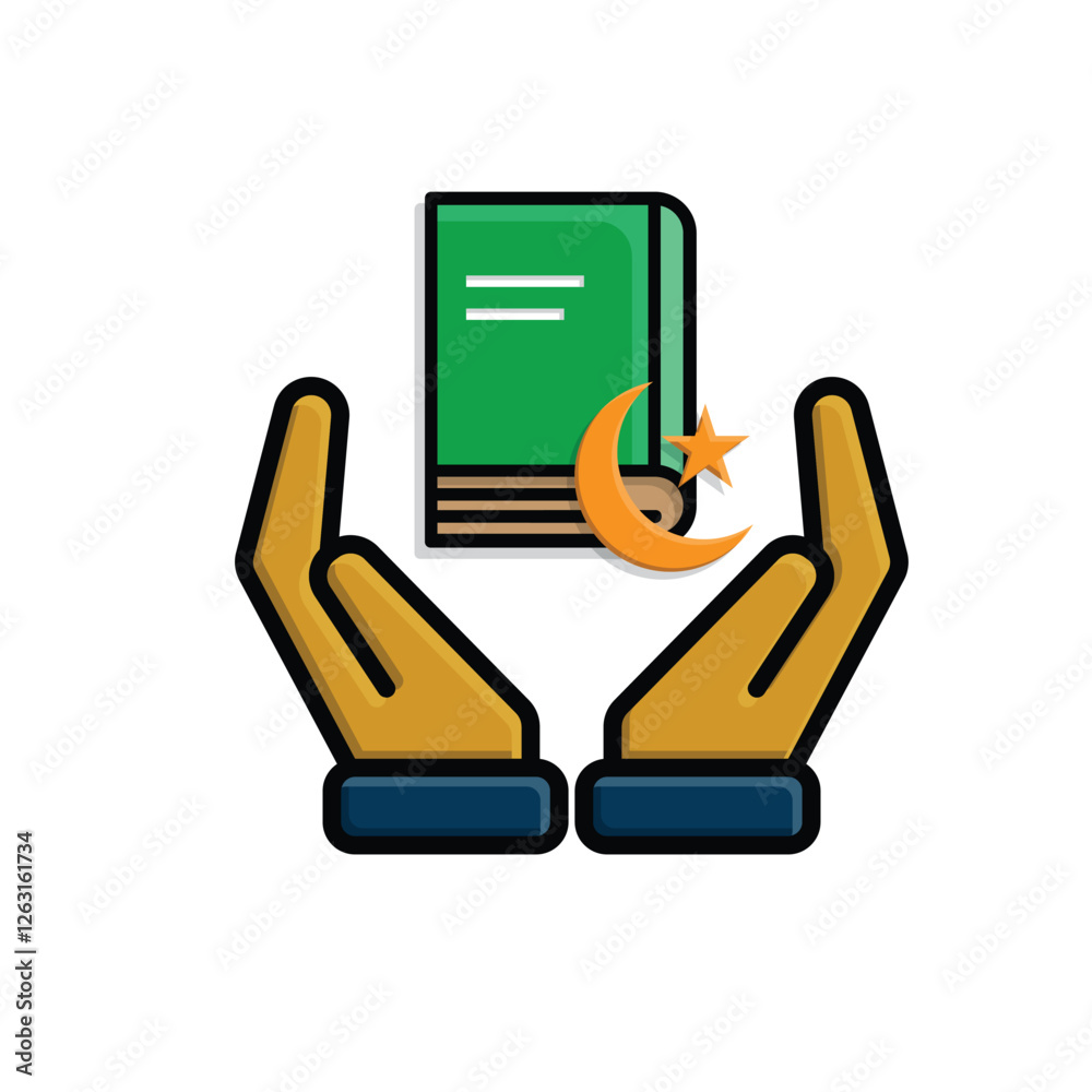 Ramadan icon. Islamic holy book vector in hand. reading, reciting ...