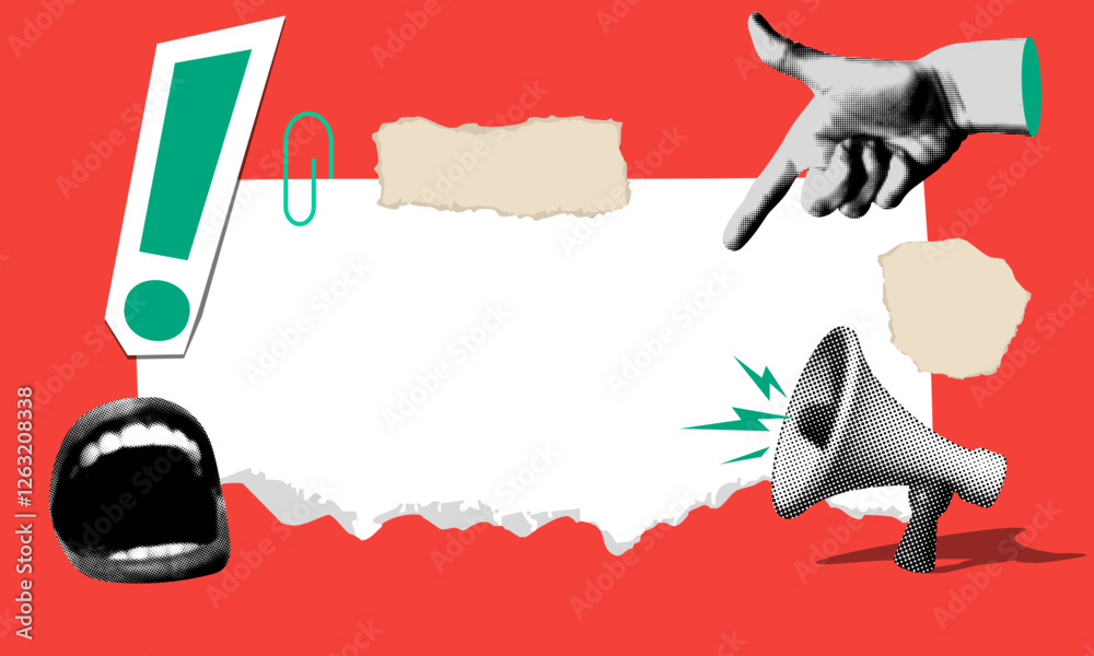 Contemporary collage banner with pointing hand, screaming mouth ...