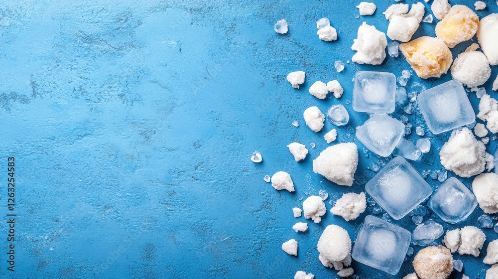 Blue background with ice cubes and popcorn creating a cold crystal ...