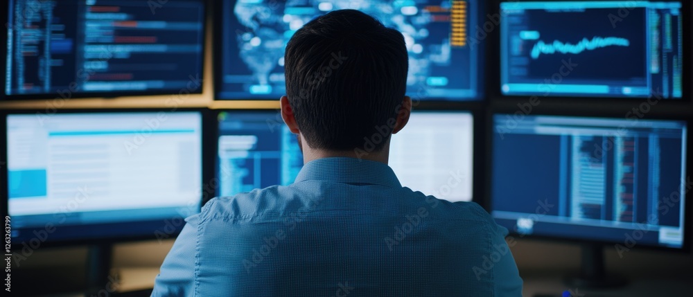 Cybersecurity measures against hackers in a high-tech control room ...