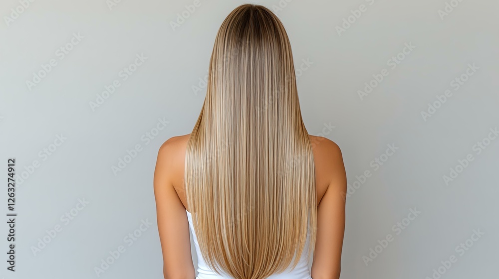 Young woman with long straight blonde ombre hair shown from behind on ...
