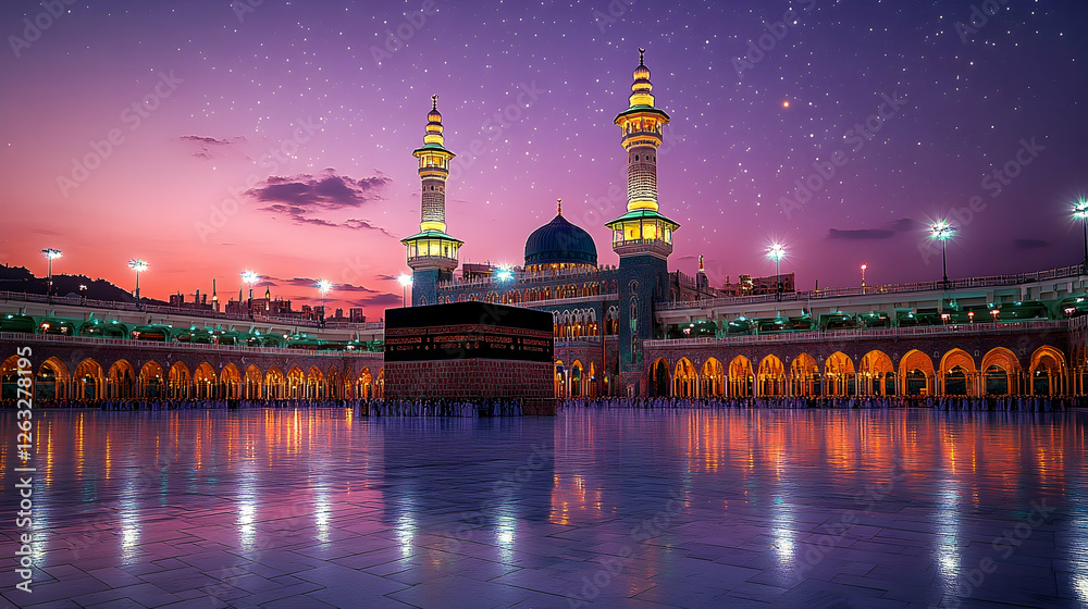 Night view of Mecca's Grand Mosque, Kaaba reflecting, starlit sky Stock ...