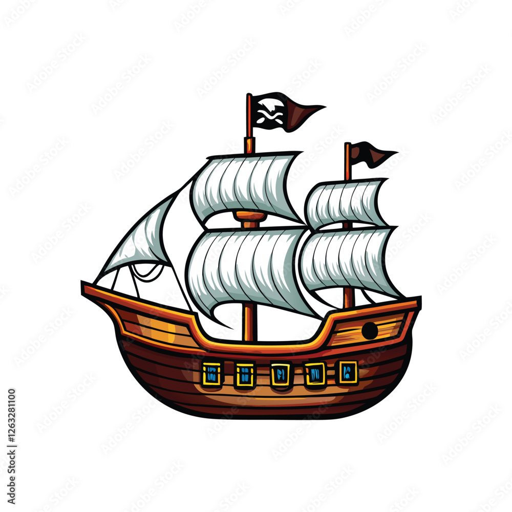 Create an editable stroke vector graphic of a detailed pirate ship at ...