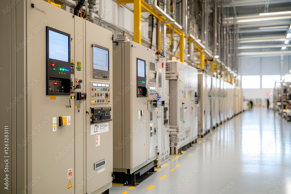 Row of Electrical Control Panels: Close up view of many electrical ...