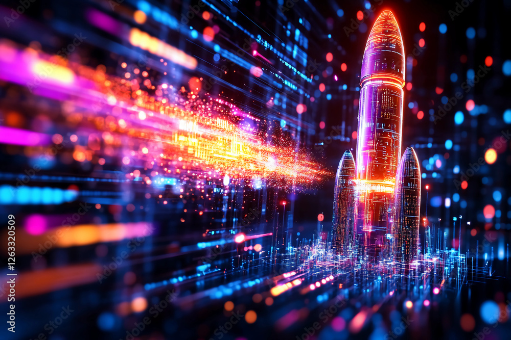AI-powered rocket launch with glowing digital particles and holographic ...