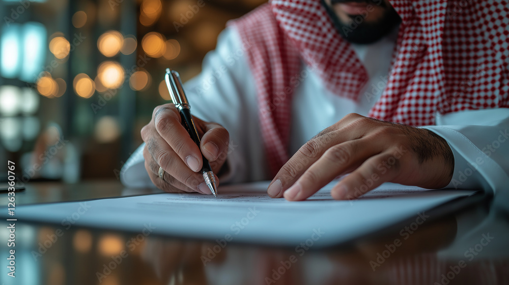 Saudi Emirati Gulf Arab business man sign contract in his office ...