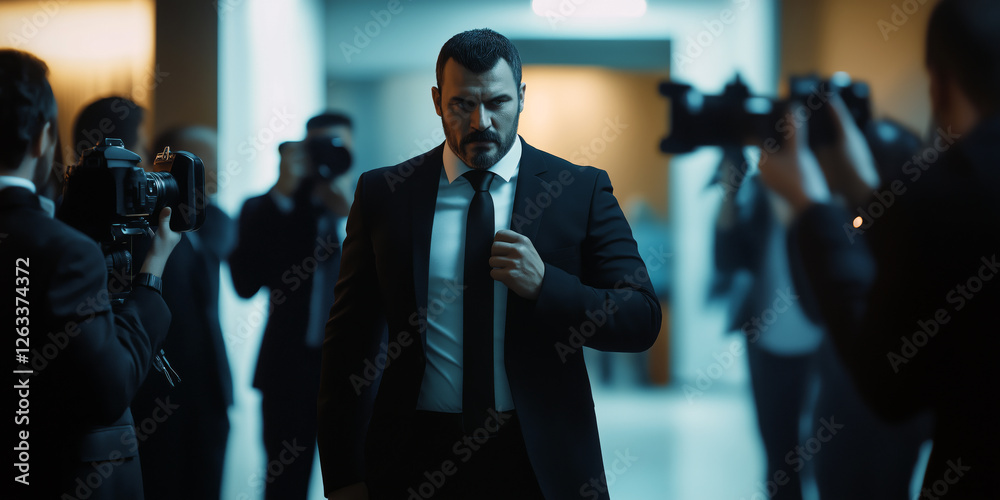 Determined bodyguard in a black suit adjusting his tie while walking ...