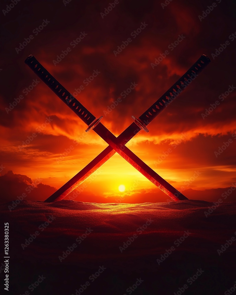Crossed ninja swords against a fiery sunset background, representing a ...