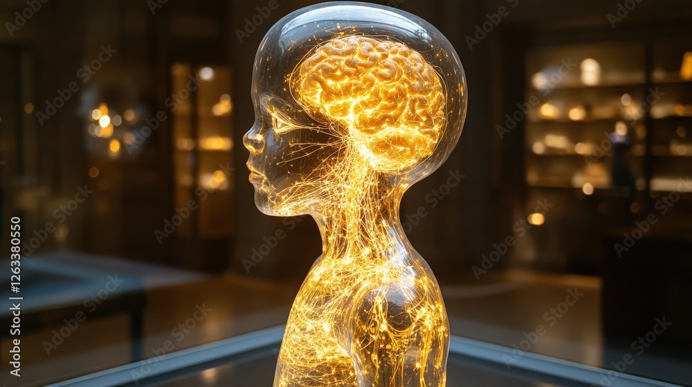 Glass mannequin displays intricate glowing nervous system resembling ...