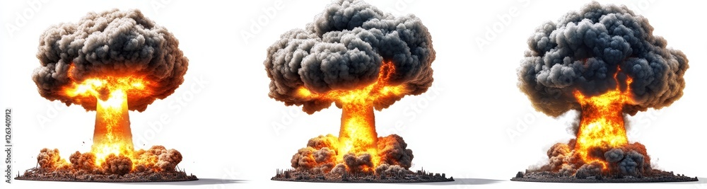Triple Nuclear Explosion Sequence Mushroom Cloud, Fireball, Destruction ...