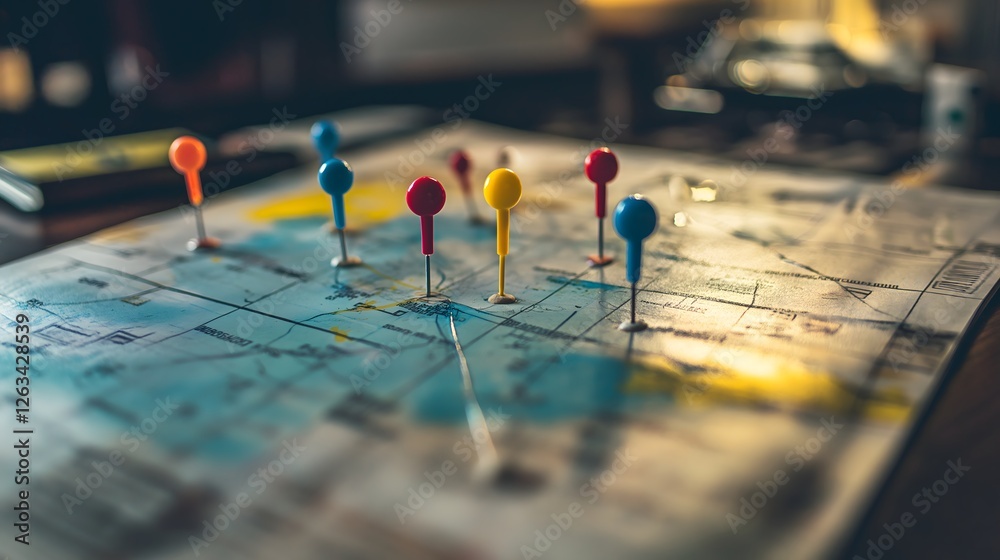 Business roadmap laid out on a desk with colorful markers indicating ...