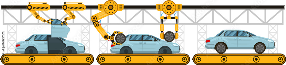 Automated assembly line in a car factory, featuring robotic arms ...