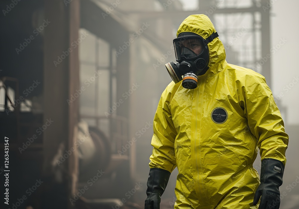 Emergency responder in yellow hazmat suit and gas mask at chemical ...