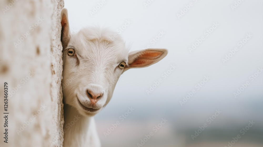 A white goat is peeking out from behind a wall. The goat has a big ...