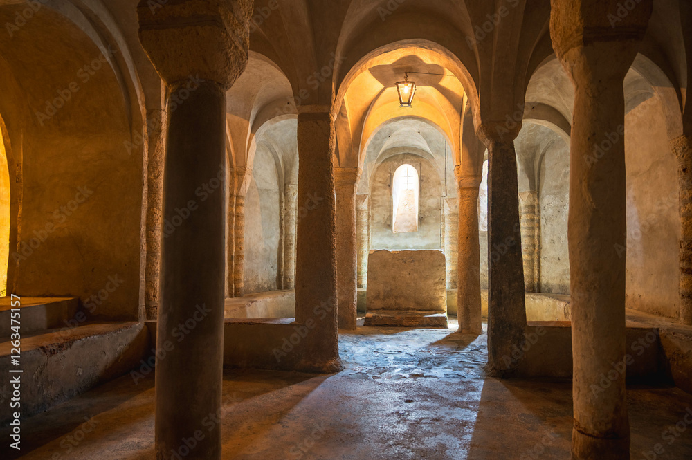 Ancient Romanesque Crypt with Stone Columns and Vaulted Ceiling, Noli ...