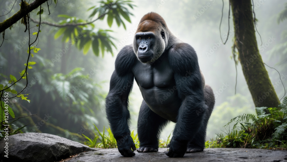 Gorilla seated in a rainforest, surrounded by moss and greenery. Sharp ...