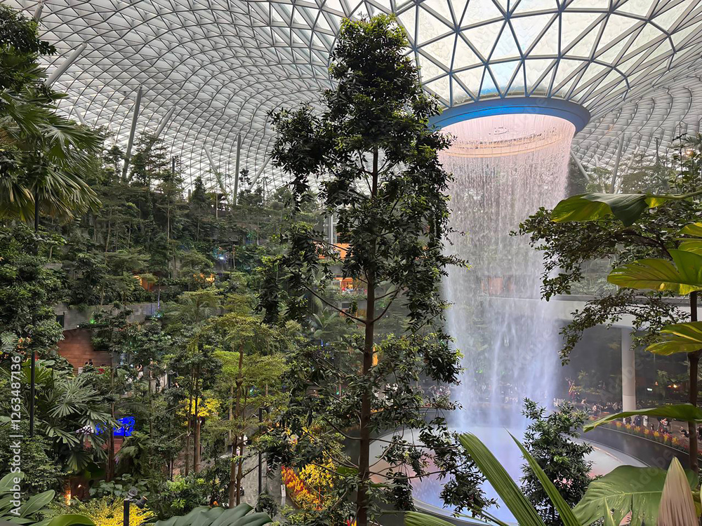 Changi Airport - Singapore - July 14: Waterfall at Shopping mall Jewel ...