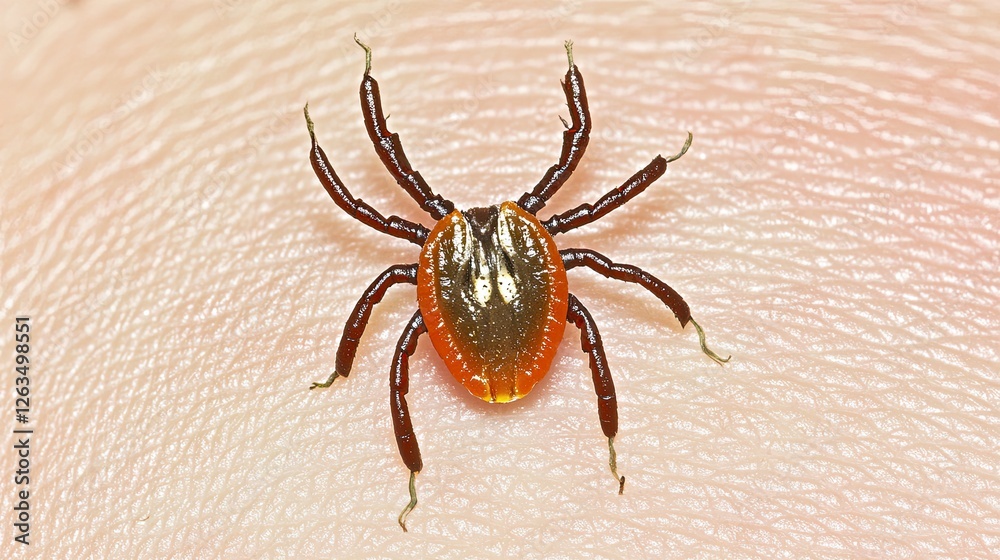 Spring tick season—tiny parasite latched onto human skin. Macro ...