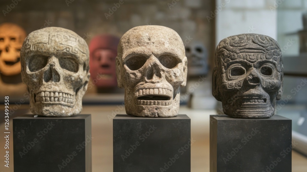 Museum exhibit three ancient stone skulls; Mesoamerican artifacts ...