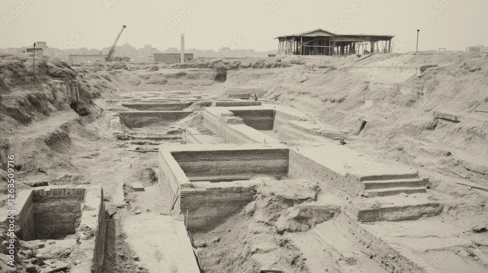 Archaeological dig site ancient structures unearthed, urban background ...
