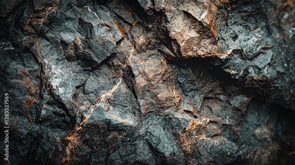 Jagged rock face with copper veins highlights depth, symbolizing ...