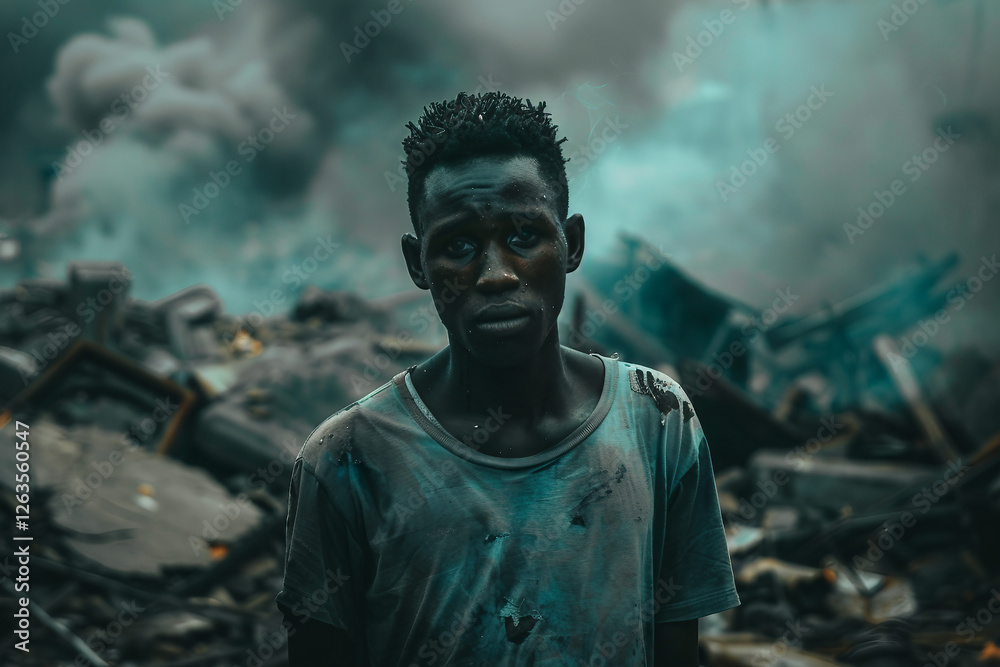 Generative AI illustration of miserable people in damaged city house ...