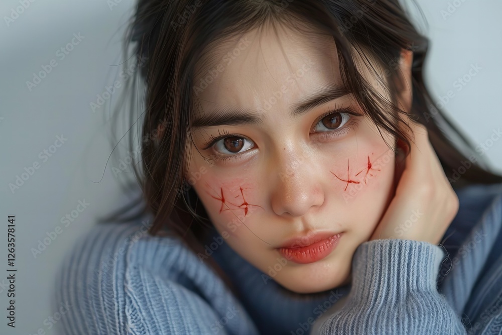 Stock-Foto „Close-up photo of a young Asian woman showing a red, itchy ...