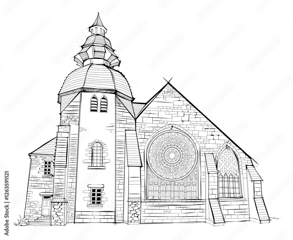 Drawing of Notre-Dame-des-Carmes Church in Pont-l'Abbe. Sketch of ...