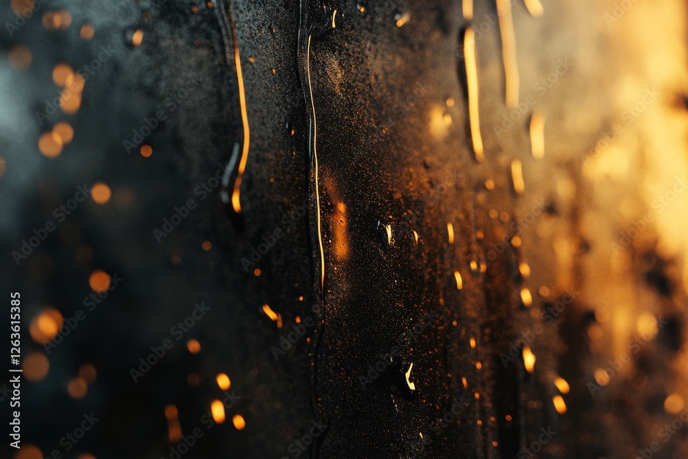 Golden oil streaks cascade down a vertical surface, creating a striking ...