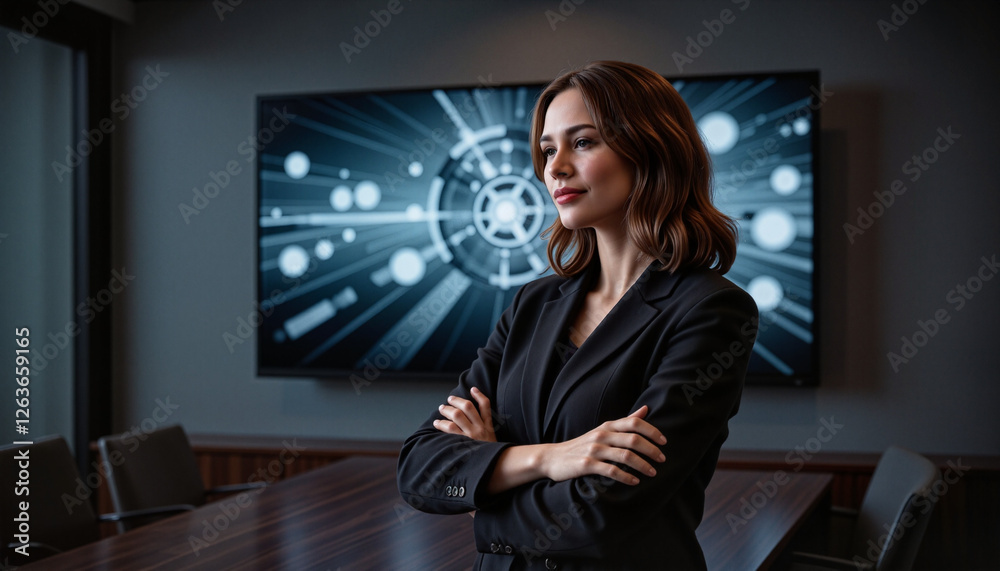 Serious female CEO in tailored black blazer observing digital screen in ...