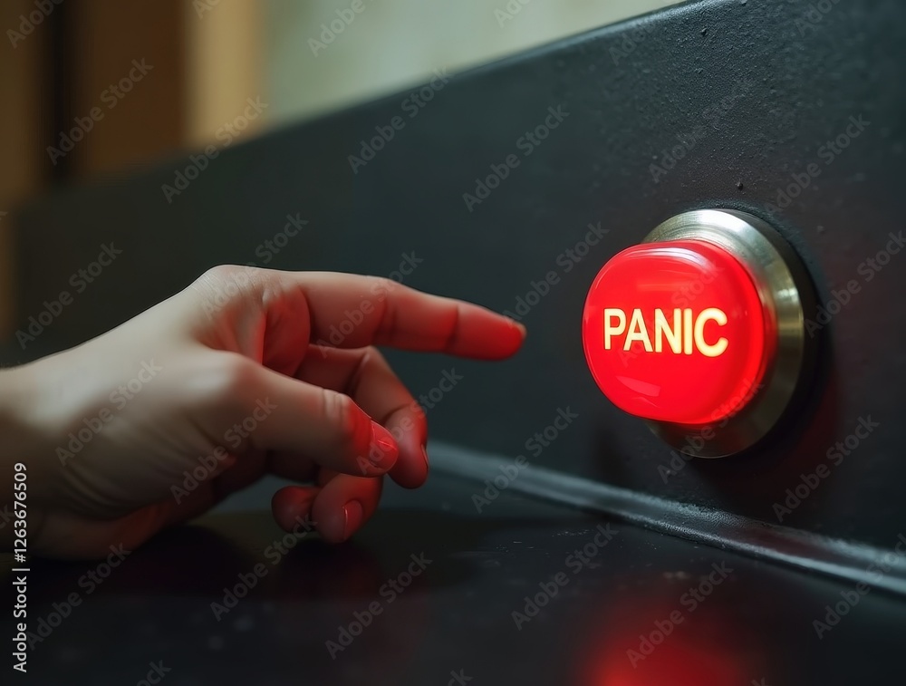 Finger reaching for illuminated panic button on control panel Stock ...
