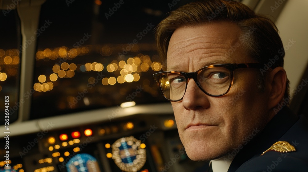 Airline pilot in uniform sitting in the cockpit, focused on flight ...